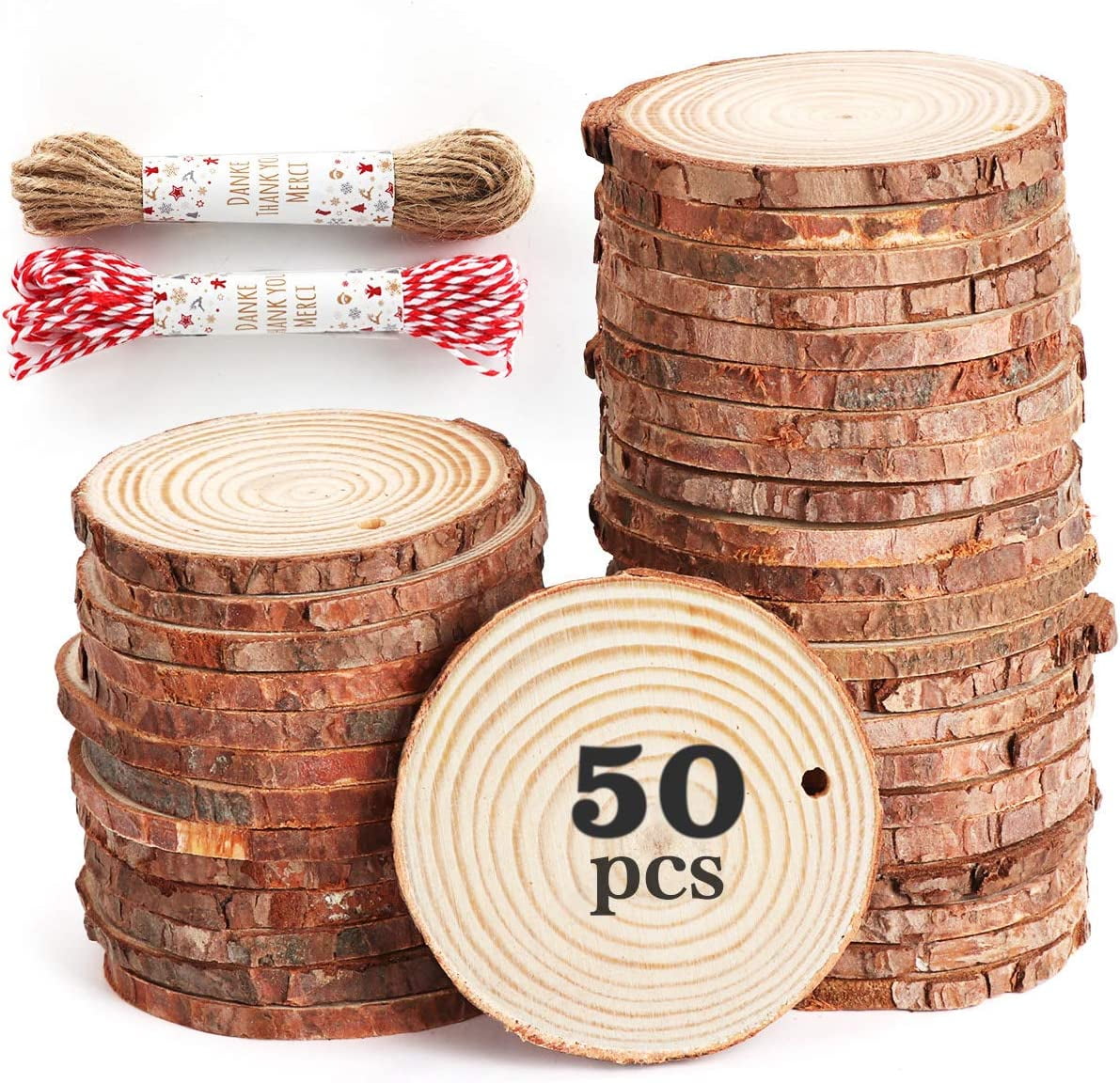 50pcs 6 7cm Natural Wood Slice with 20 Meter Rope, Wood Rounds Wooden ...