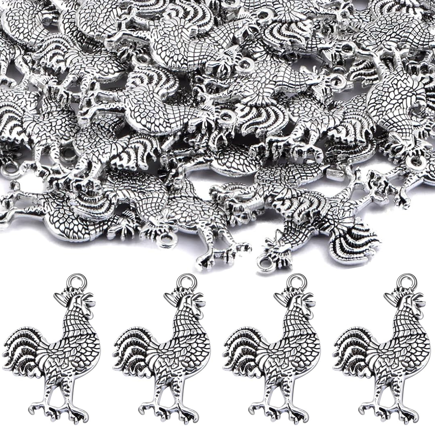 50pcs Antique Silver Rooster Cock Chicken Charms Vintage Alloy Chicken ...