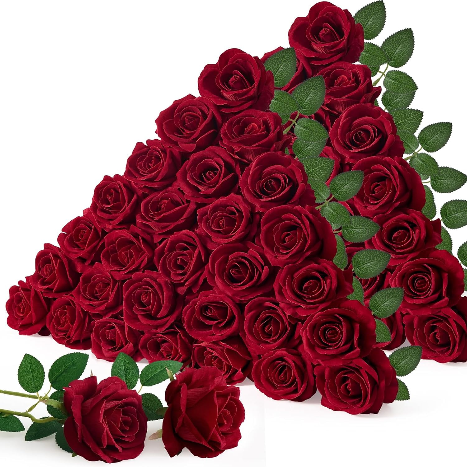 50pcs Artificial Red Roses Bulk, 4'' Big Velvet Flower Head Fake Roses ...