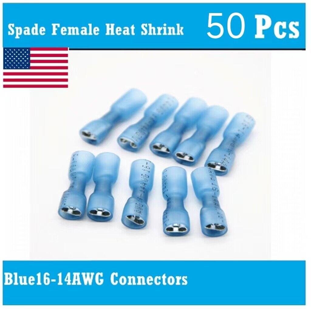 50pcs Blue Female Heat Shrink Spade Connector Kit 16-14AWG 1/4" 6.3mm ...