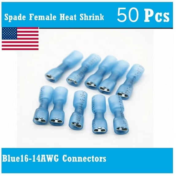 50pcs Blue Female Heat Shrink Spade Connector Kit 16-14AWG 1/4" 6.3mm ...