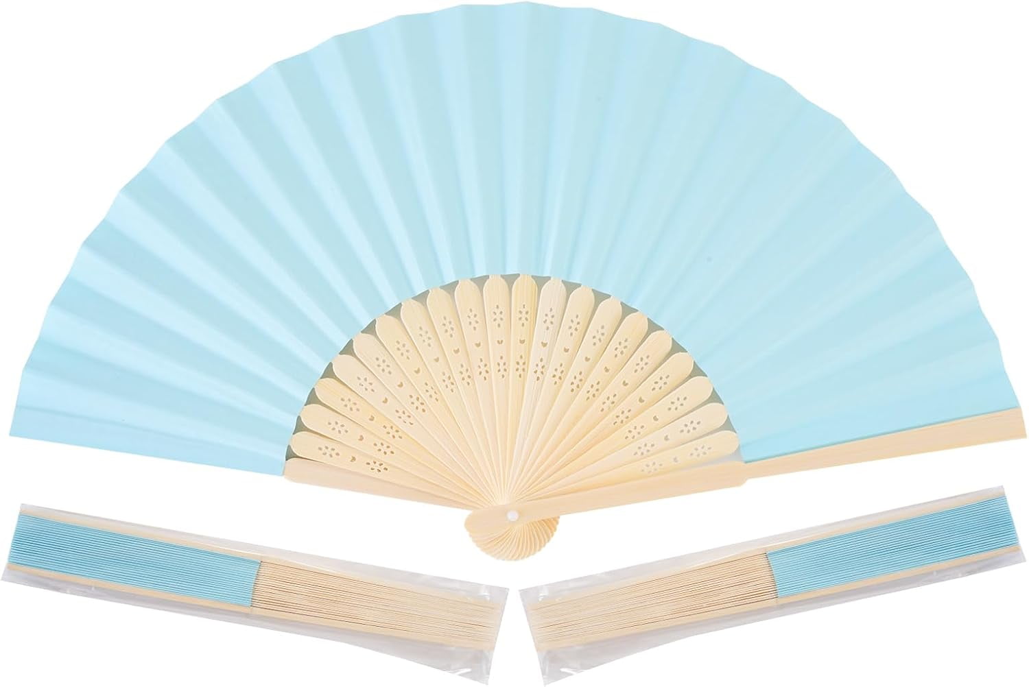 50pcs Blue Paper Hand Fan Bamboo Folding, Handheld Paper Folded for ...