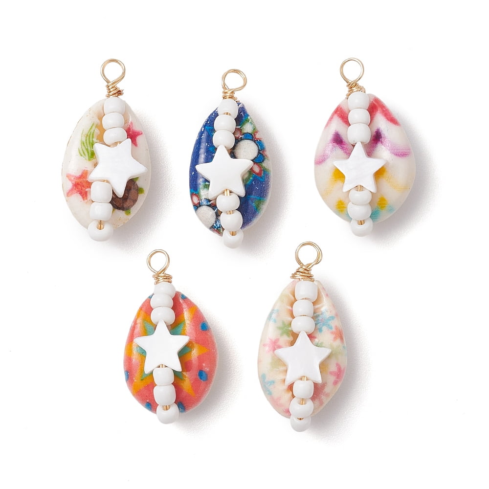 50pcs Copper Wired Printed Cowrie Shell Pendants with Glass Seed Beads ...