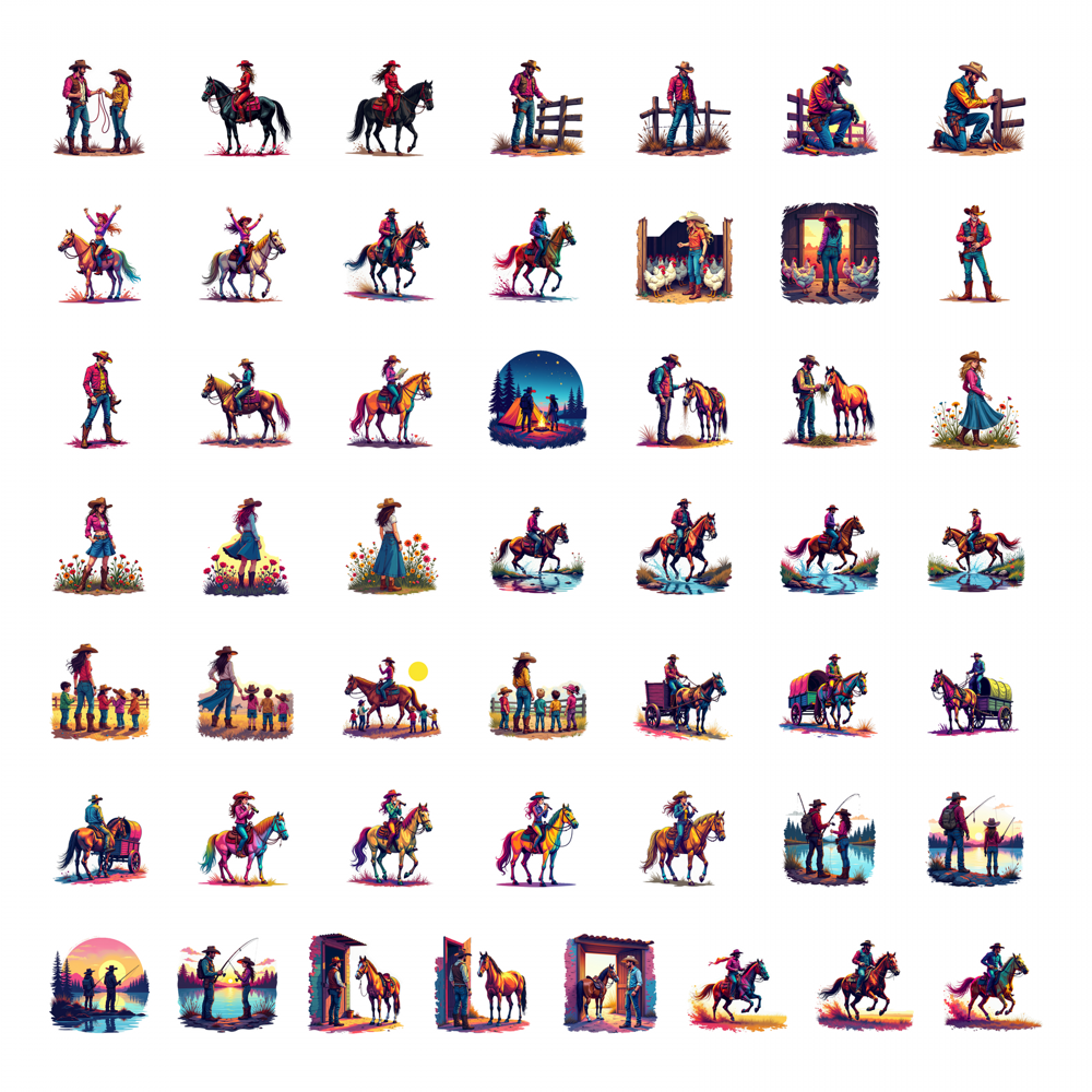 50pcs Cowboy Horse Riding Stickers Retro Cartoon Stickers Country ...