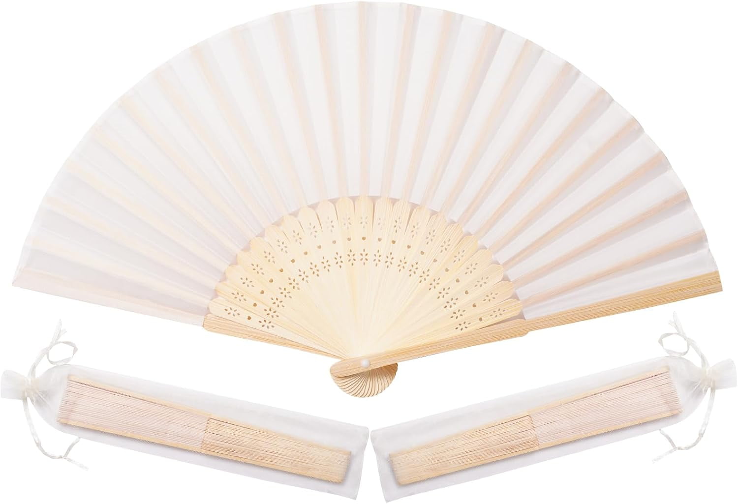 50pcs Cream-Coloured Imitated Silk Fabric Bamboo Folded Hand Fan Bridal ...
