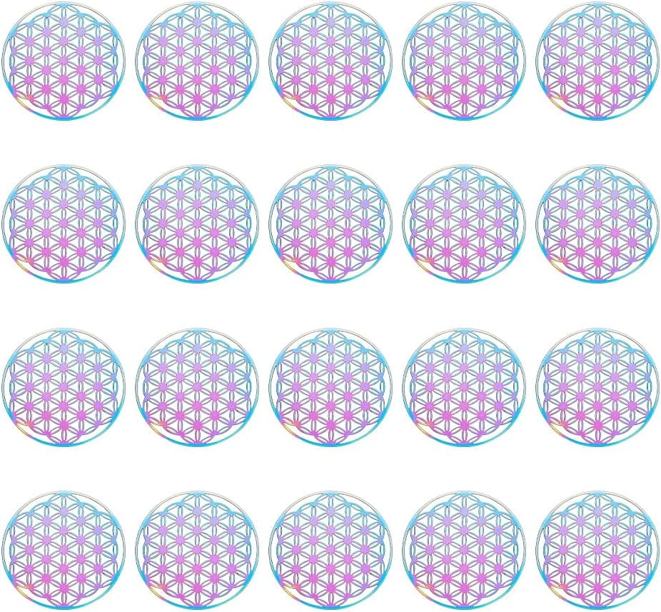50pcs DIY Multi-color Flat Round with Flower of Life Pendants Stainless ...
