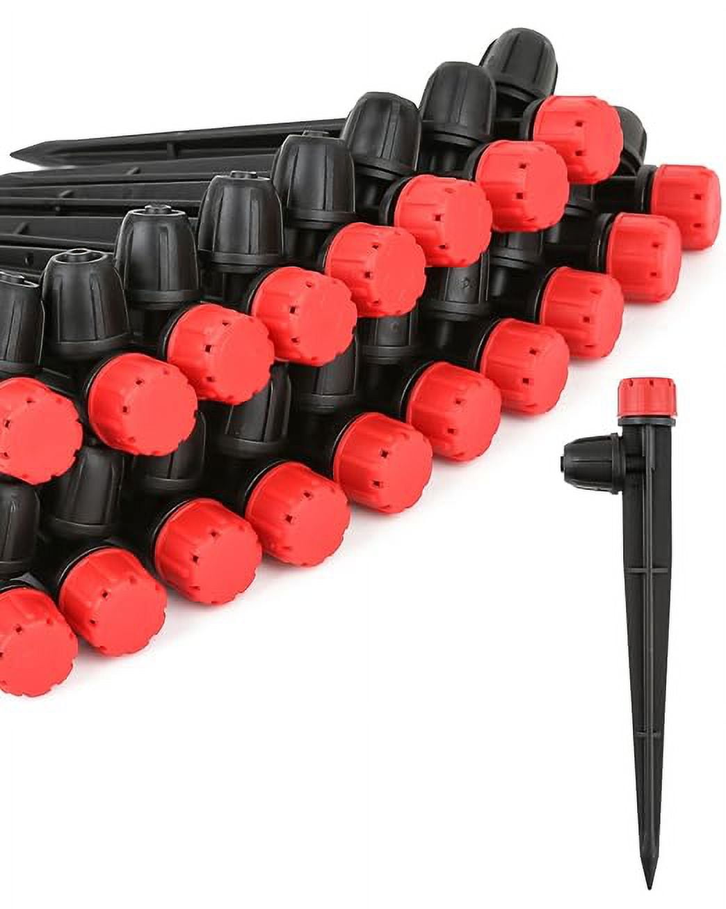 50pcs Drip Irrigation Emitters with Stake, Adjustable 360 Degree Water Flow Lock Barbed Dripper ...