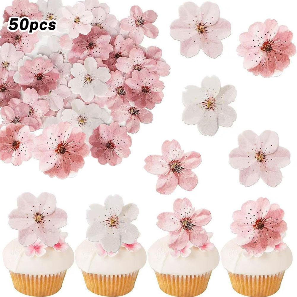 50pcs Edible Blossom Cupcake Toppers Decorations, Pink Flowers Birthday ...