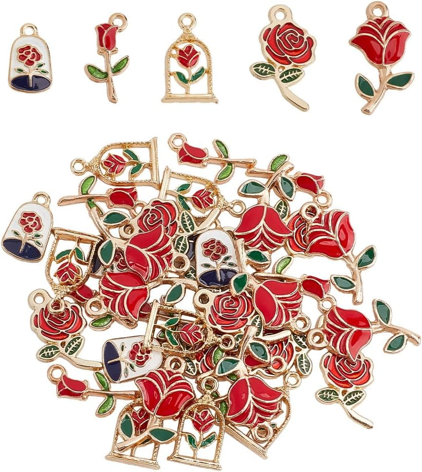 50pcs Enamel Rose Charm Pendant 5 Styles Flower Charms Metal Floral ...