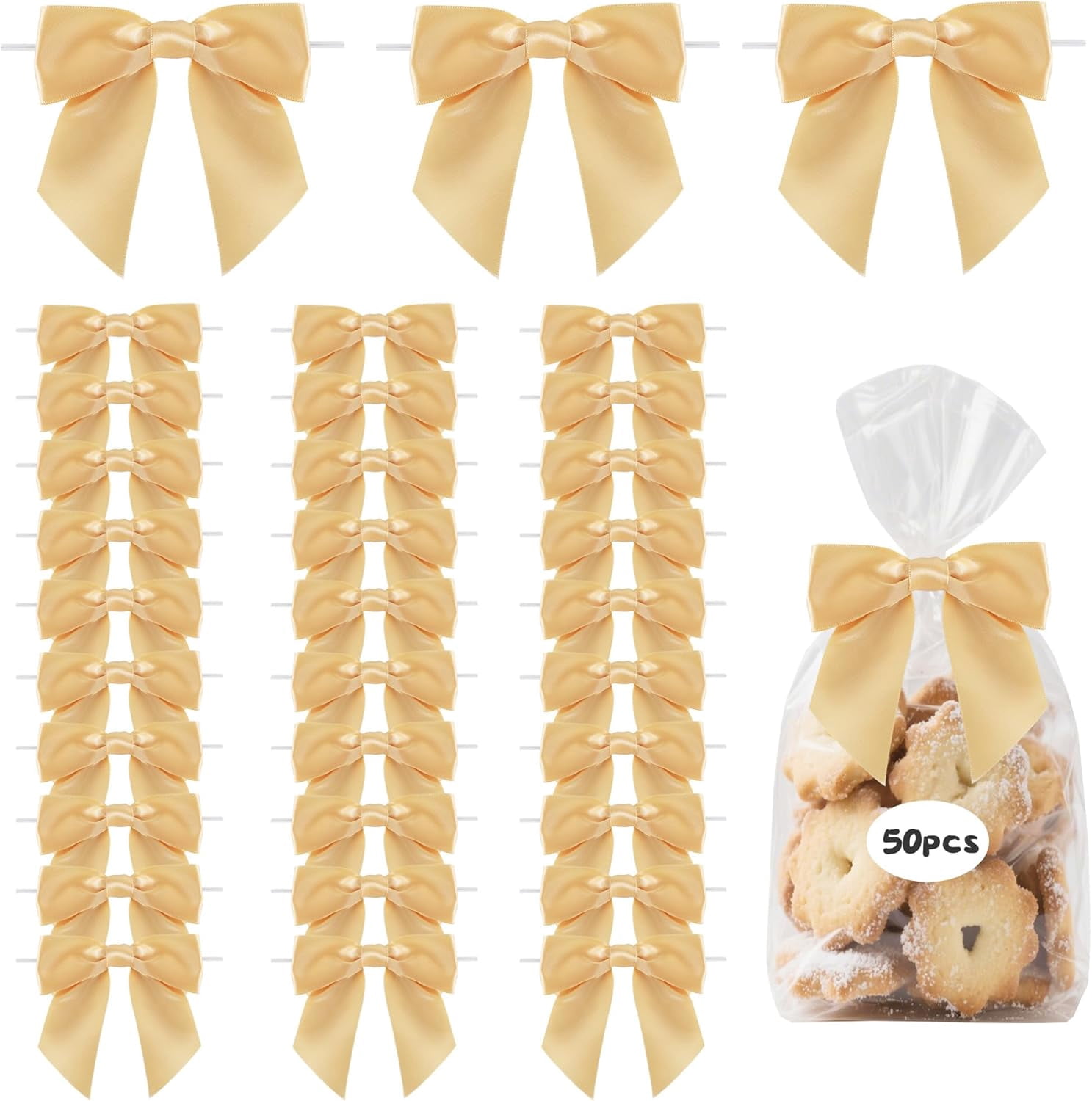 50pcs Gold Satin Ribbon Bows with Twist Tie, 4.5 Inch Decorative Bows ...