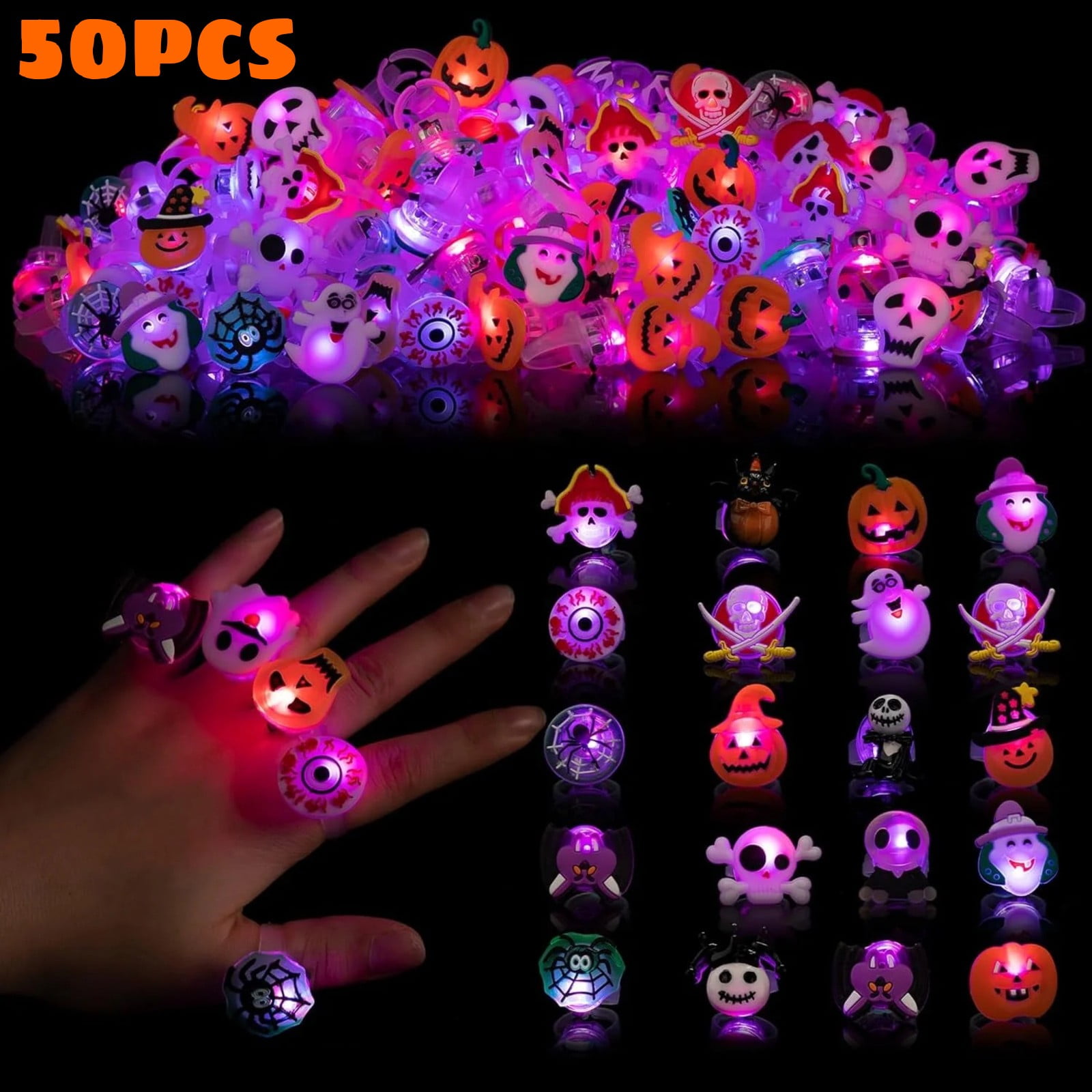 50pcs Halloween LED Light-Up Rings - Flashing LED Party Favors ...