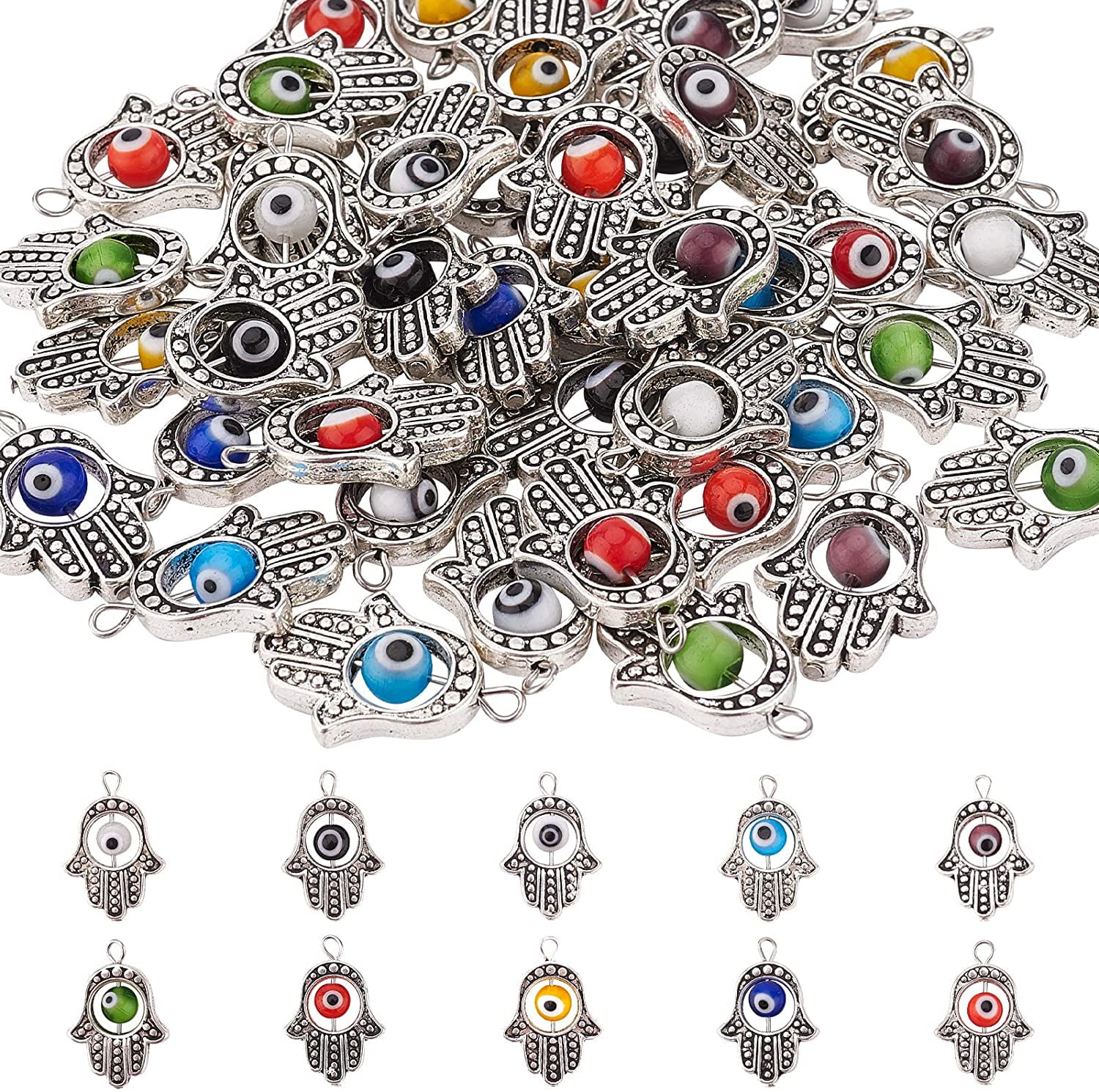 50pcs Hamsa Hand of Fatima Charms with 10 Color Evil Eye Beads Symbol ...