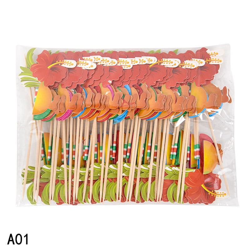 50pcs Hawaiian Fruit Cocktail Toothpick Summer Flower Coconut Tree Food ...