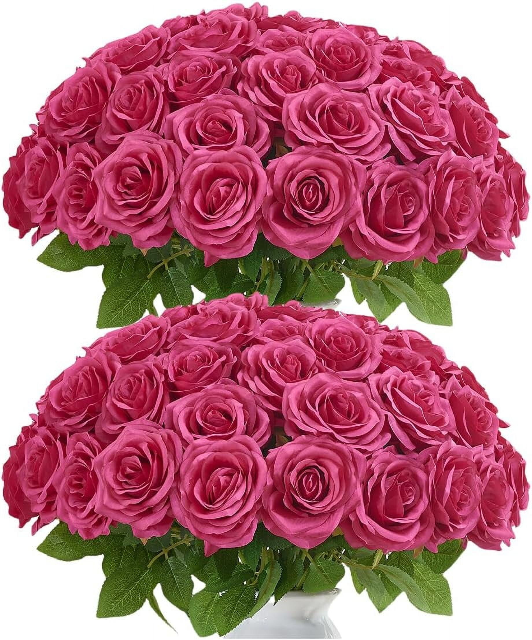 50pcs Hot Pink Roses Artificial Flowers Bulk,Fake Roses Silk Flower ...
