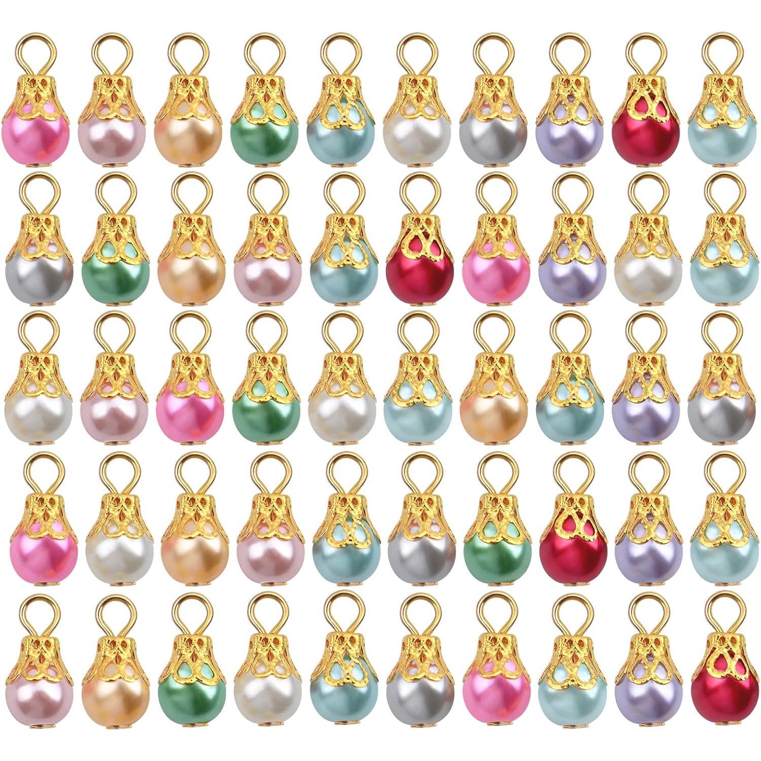 50pcs Imitation Pearl Dangle Charms Golden Filigree Flower Cap Drop ...