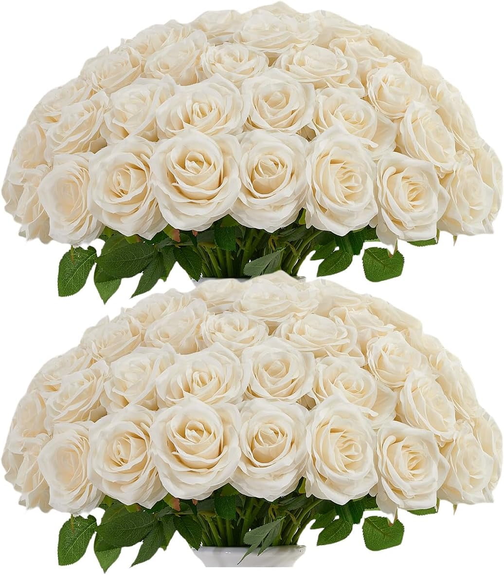 50pcs Ivory Roses Artificial Flowers Bulk,Fake Roses Silk Flower with ...