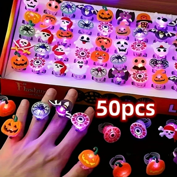 50pcs LED Light Halloween Rings - Light-Up Pumpkin/Ghost/Skull Designs ...