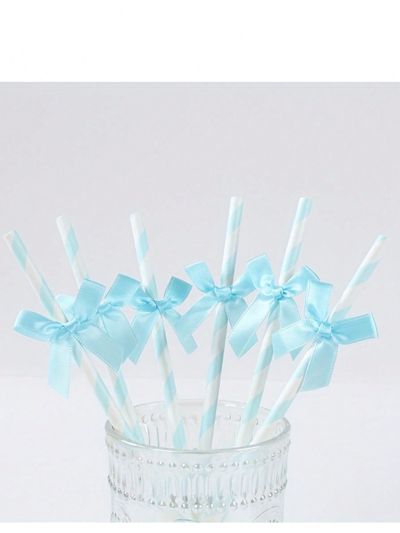 50pcs Light Blue Striped Bow Paper Straws With Satin Ribbon Bows ...