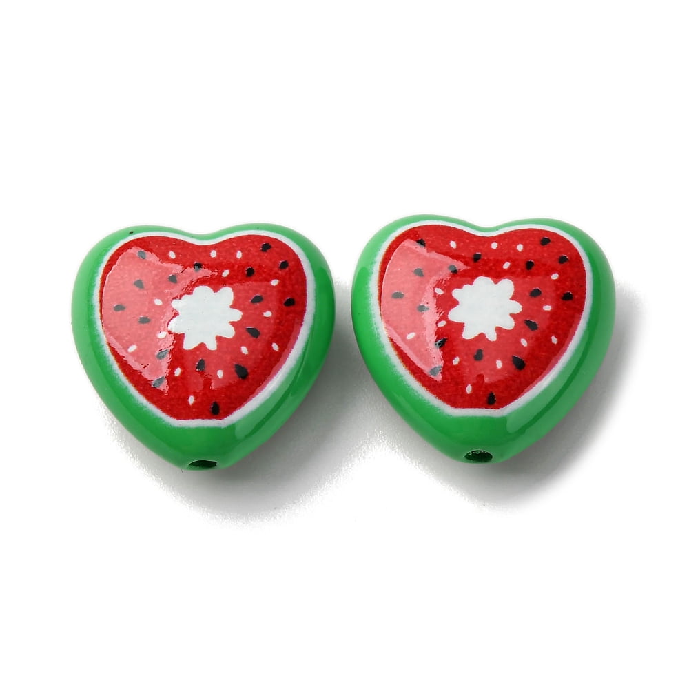 50pcs Opaque Acrylic Beads Heart with Fruit Watermelon 17x18x8.5mm Hole ...