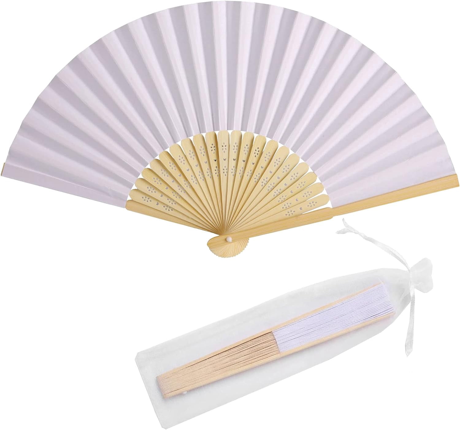 50pcs Paper Hand Fan with Organza Bags Bamboo Handheld Folding Fans DIY ...