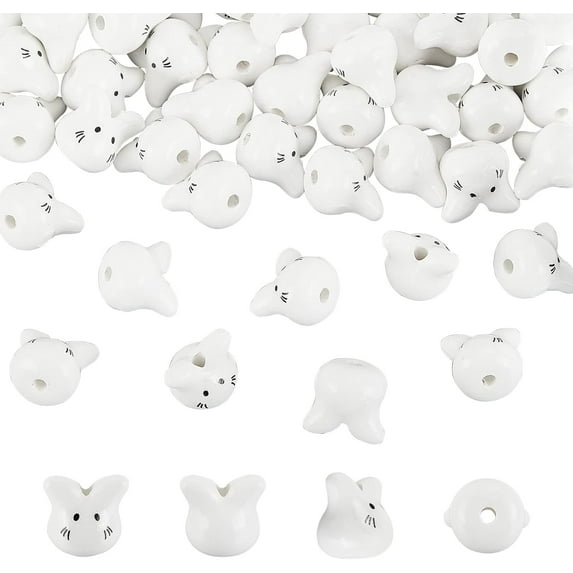 50pcs Porcelain Bead Mini Cat Porcelain Spacer Beads White Cat Loose ...