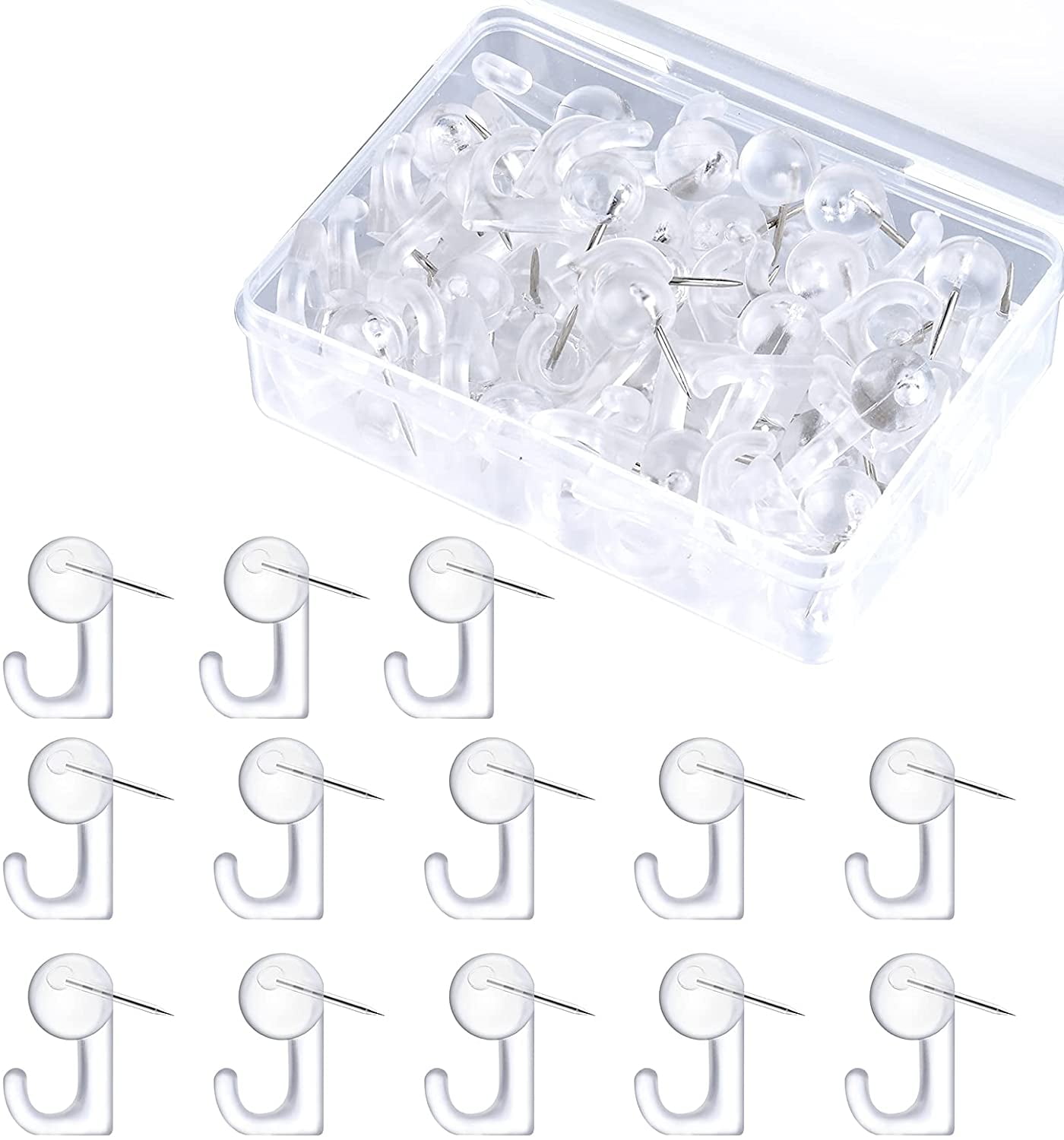 50pcs Push Pin Hooks, Bulletin Board Hooks Clear Hanger Nails Round ...