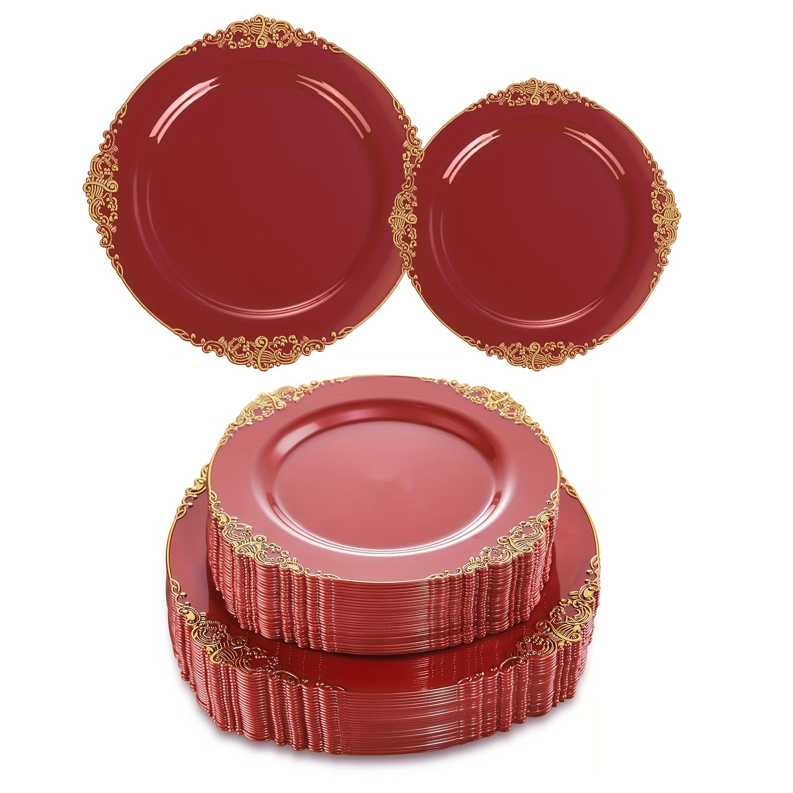 50pcs Red and Golden Plastic Plates - Disposable Red and Golden Plastic ...