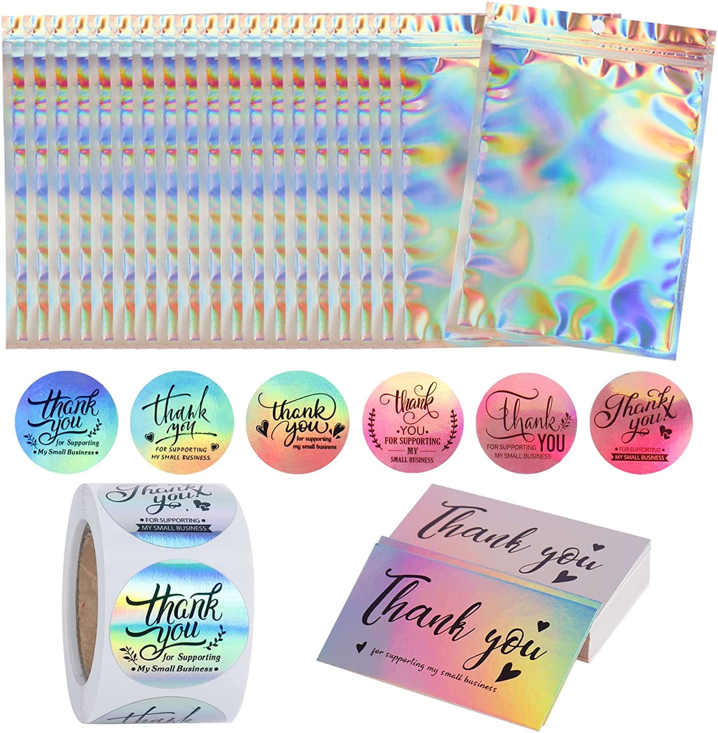 Walmart 50pcs Resealable Holographic Bags, Thank You Cards & 150pcs ...