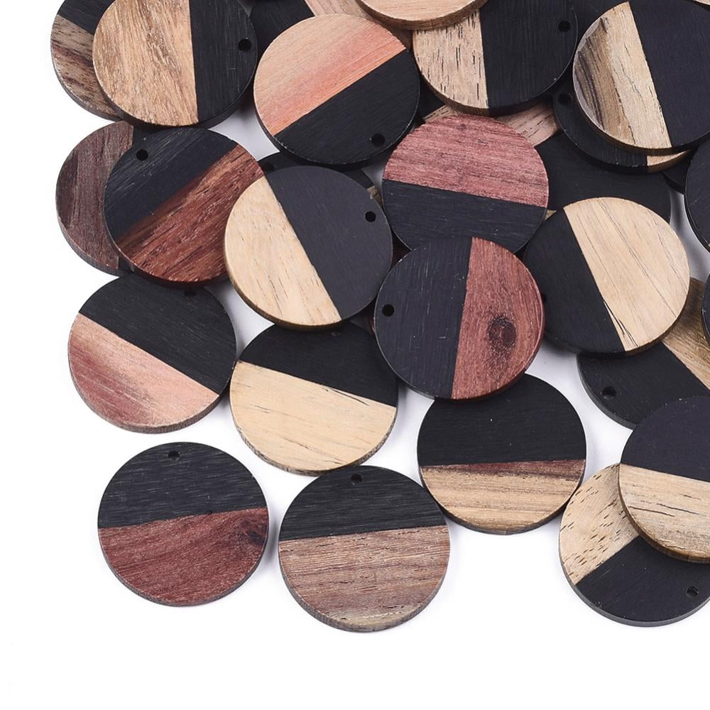 50pcs Resin & Walnut Wood Pendants Flat Round Black 28.5x3.5~4mm Hole ...