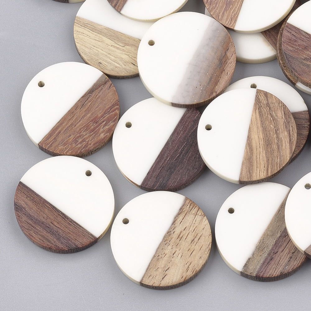 50pcs Resin & Walnut Wood Pendants Flat Round White 28.5x3.5~4mm Hole ...