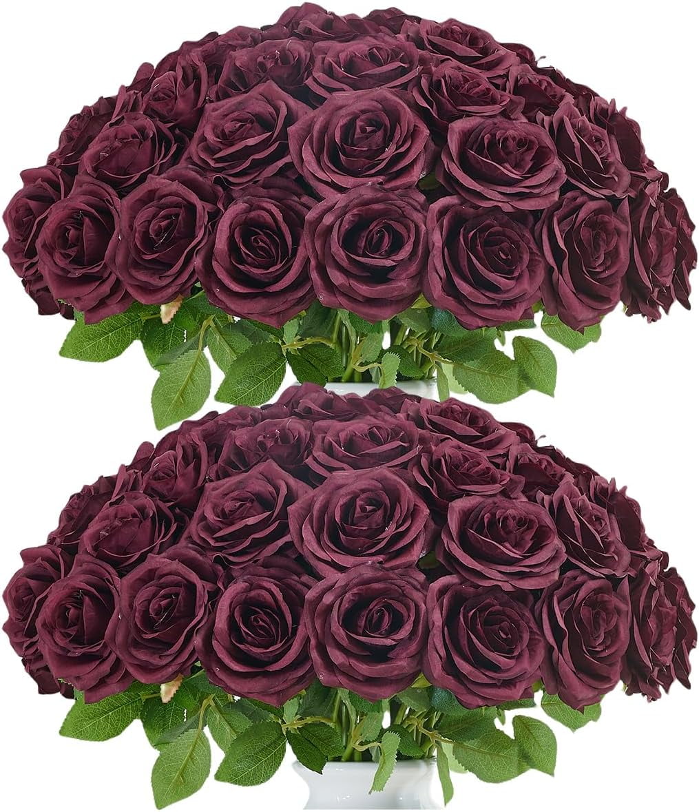 50pcs Roses Artificial Flowers Bulk,Burgundy Fake Roses Silk Flower ...