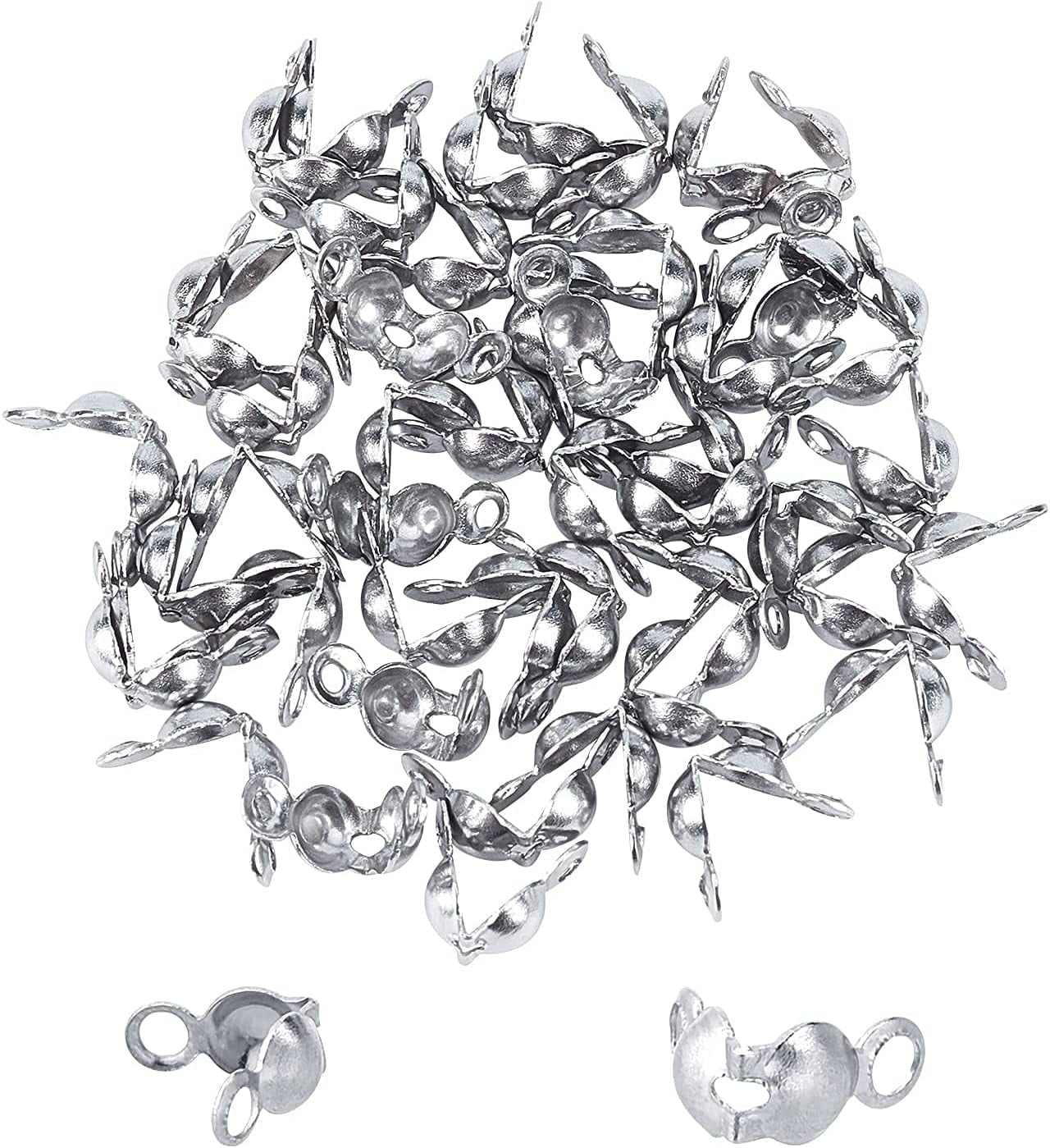 50pcs Stainless Steel Bead Tips 1.2mm Hole Calotte Ends Clamshell Knot ...