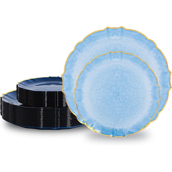 50pcs Translucent Blue Plastic Plates with Gold Rim, Fancy Lace-Edged ...