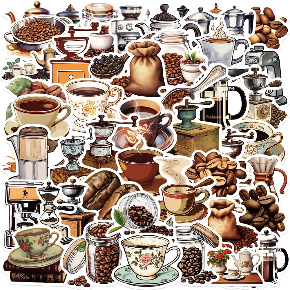 50pcs Vintage Coffee Machine and Coffee Bean Paper Stickers Adhesive ...