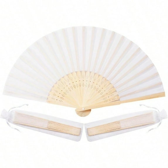 50pcs White Imitated Silk Fabric Bamboo Folded Hand Fan Bridal Dancing ...