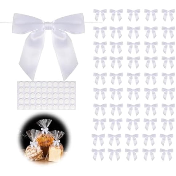 50pcs White Twist Tie Bows, 3.5in,Satin Ribbon Pre Tied Small White ...