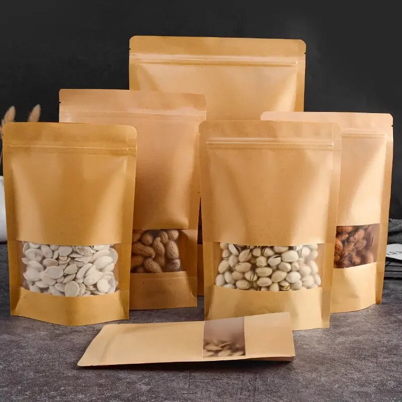 50pcs Zip Lock Food Bags Kraft Paper Window Bag Stand up Gift Dried ...