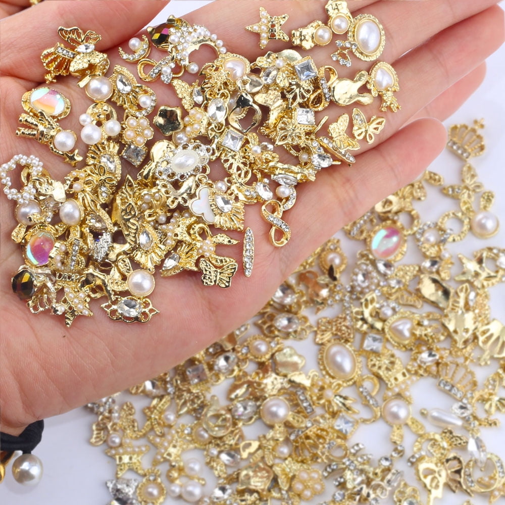 50pcs/bag Gold Nail Charms for Acrylic Nails, Mix Styles Shiny Pearl ...