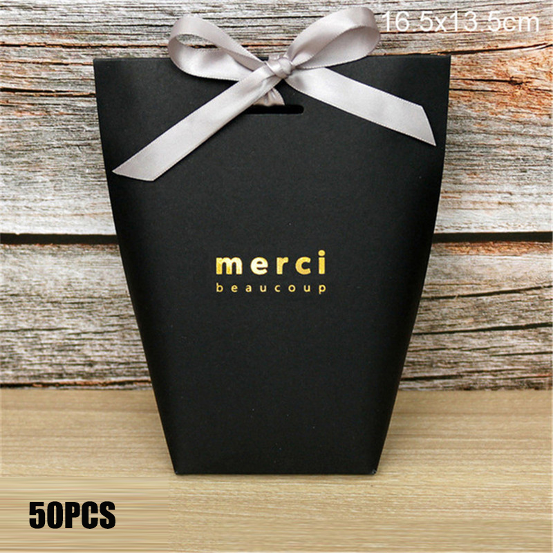 50pcs/lot Black White Bronzing French Merci Paper Candy Bag Thank You ...