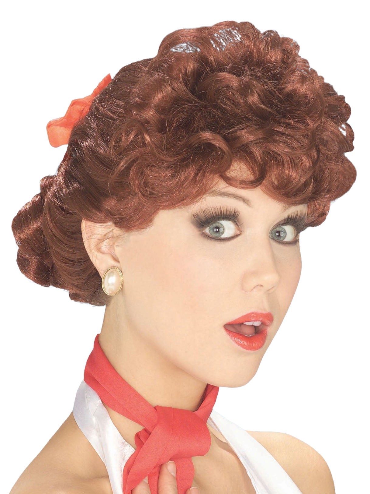 50s Doo Wop Sock Hop Red Auburn Curly Housewife Wig With Red Ribbon ...