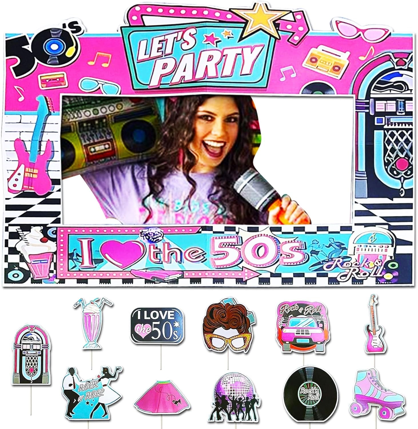 50s Vintage Party Photo Frame Props Set - Pink Jukebox Photo Frame 10 ...