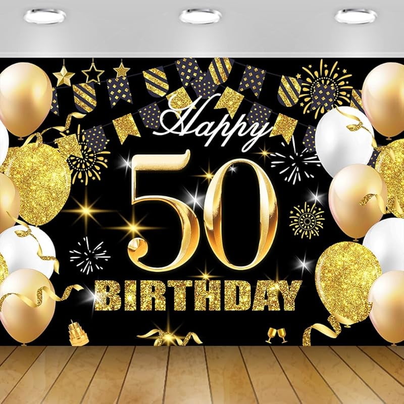 50th Birthday Backdrop for Men Glitter Gold Balloons Ribbon Birthday ...