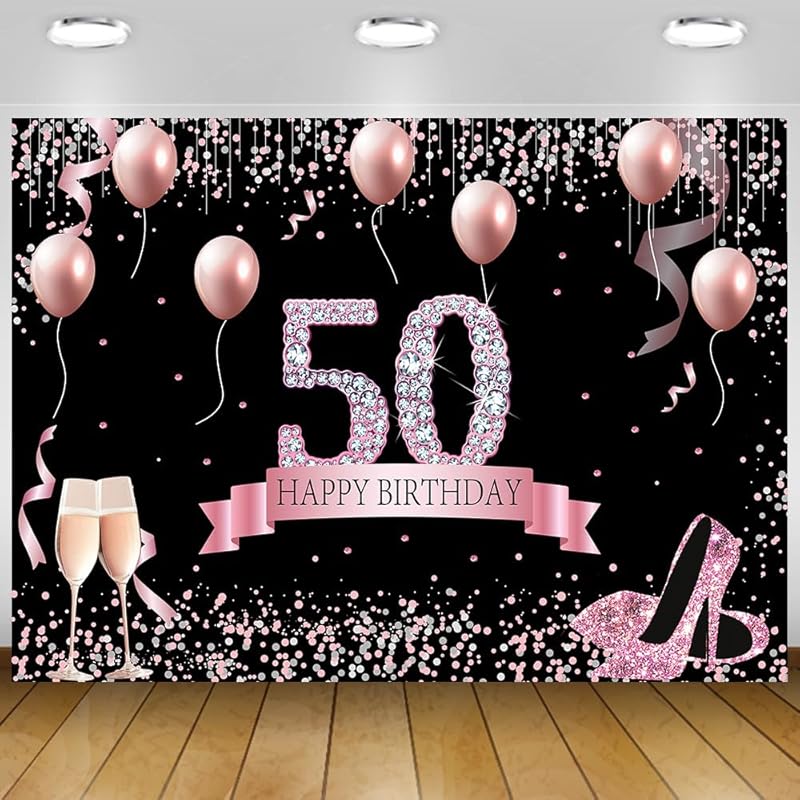 50th Birthday Backdrop for Women Glitter High Heels Champagne Glass ...