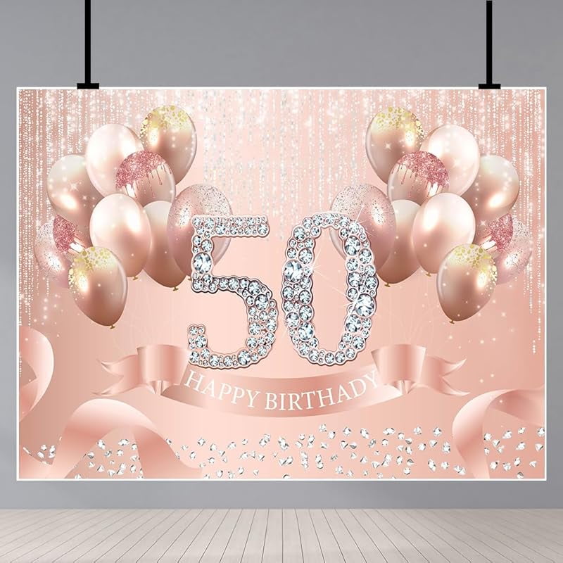 50th Birthday Backdrop for Women Glitter Rose Gold Balloons Diamonds ...
