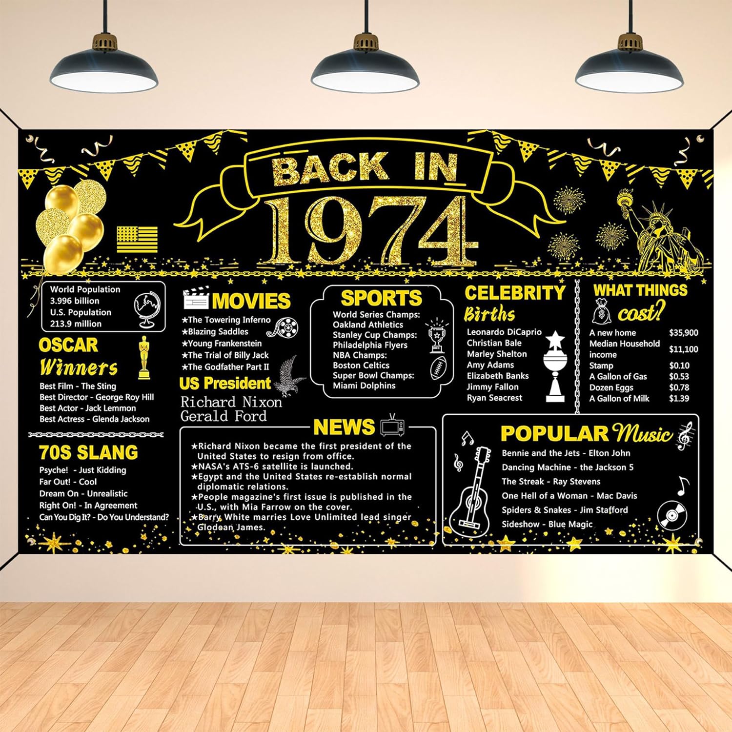 50th Birthday Black Gold Party Decoration, Back in 1974 Banner 50 Year ...