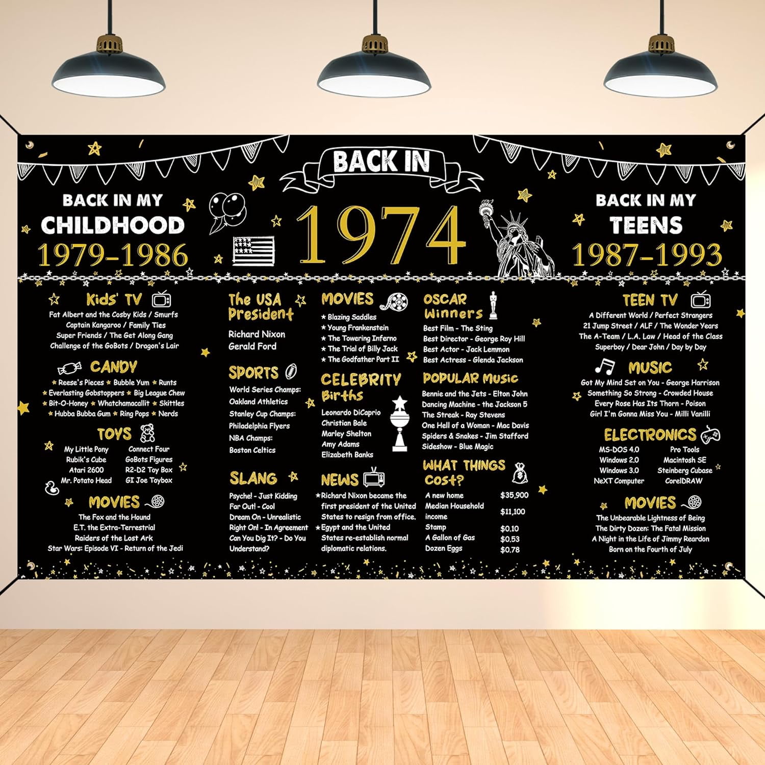 50th Birthday Black Gold Party Decoration, Back in 1974 Banner Cheers ...