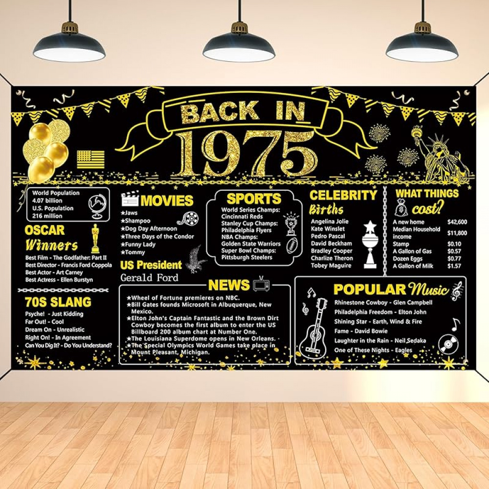 50th Birthday Black Gold Party Decoration, Back in 1975 Banner 50 Year ...