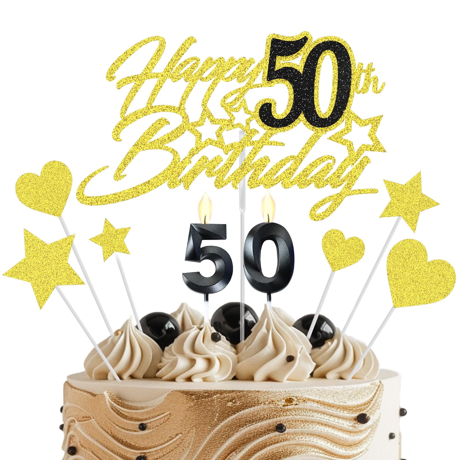 50th Birthday Candles, Black Number 50 Candles for Birthday Cakes, Gold ...