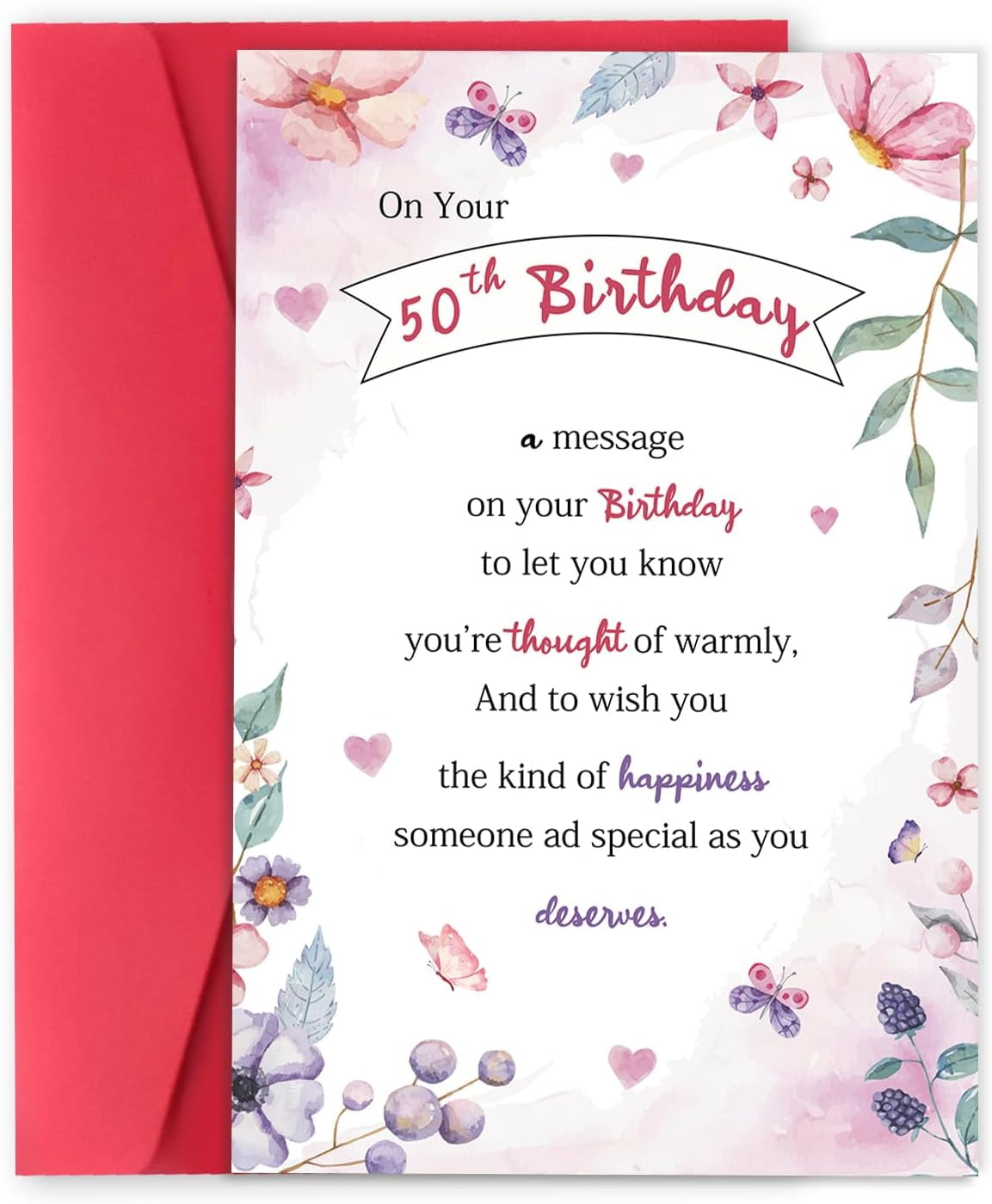 50th Birthday Card with Floral Design – Heartfelt Message and Red ...