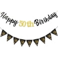 50th Birthday Decorations Banner Men Women, Black Gold Happy ...